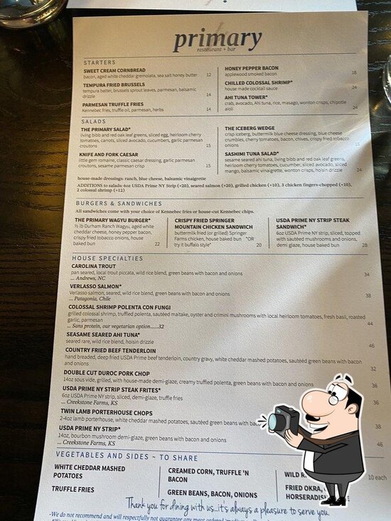 Menu at Primary Restaurant & Bar, Highlands