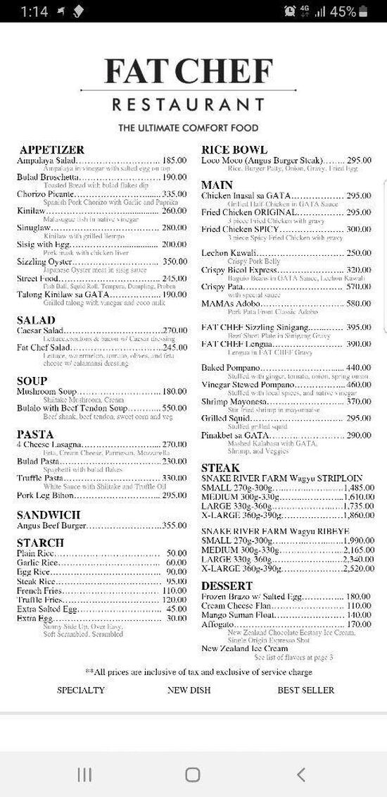Menu at Fat Chef Restaurant, Cagayan de Oro
