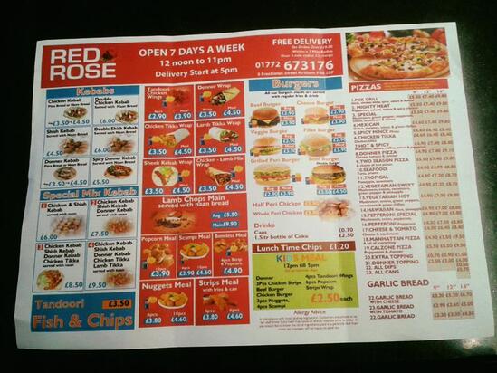 Menu at Red Rose restaurant, Kirkham