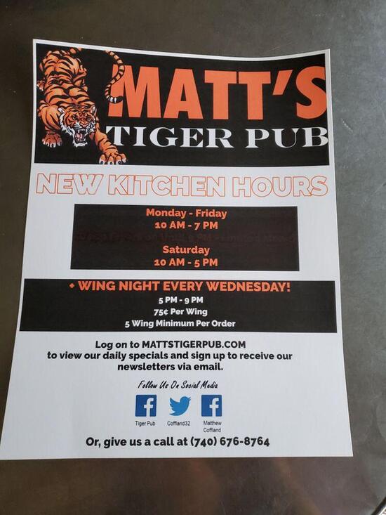 Menu at Tiger Pub, Shadyside