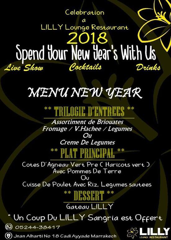 Menu at Lilly Lounge Restaurant, Marrakesh, Rue El Qadi Ayad
