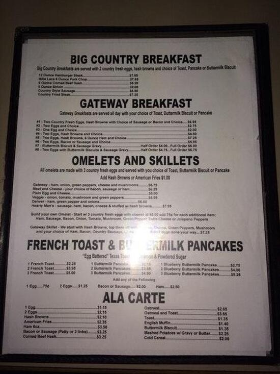 Menu at Gateway Cafe & Station, Onamia, US-169