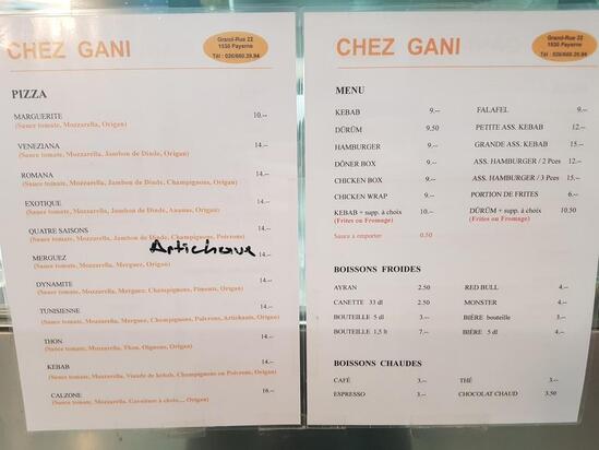 Speisekarte von Chez Gani, Pizza-Kebab, Payerne