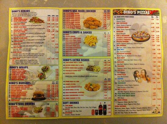 Menu at Dinos Kebab fast food, Pontypool