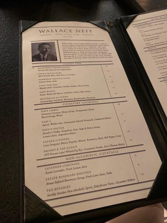 Menu at Wallace Neff Heritage Bar, Ojai
