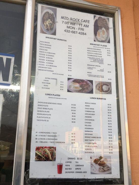 Menu at Mid-Rock Cafe, Midland