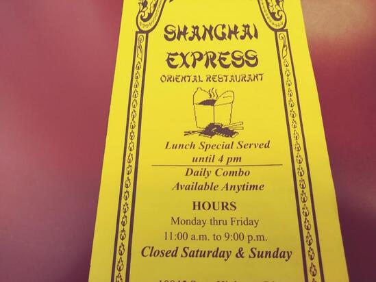 Menu at Shanghai Express restaurant, Branson West