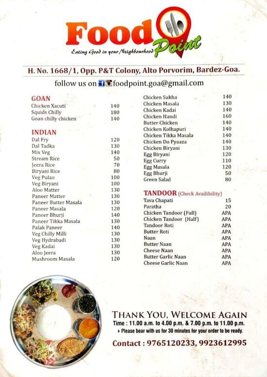 Menu at Food Point, Pilerne
