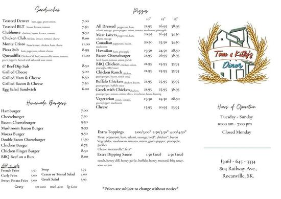 Menu at Tom and Kitty's Diner restaurant, Rocanville