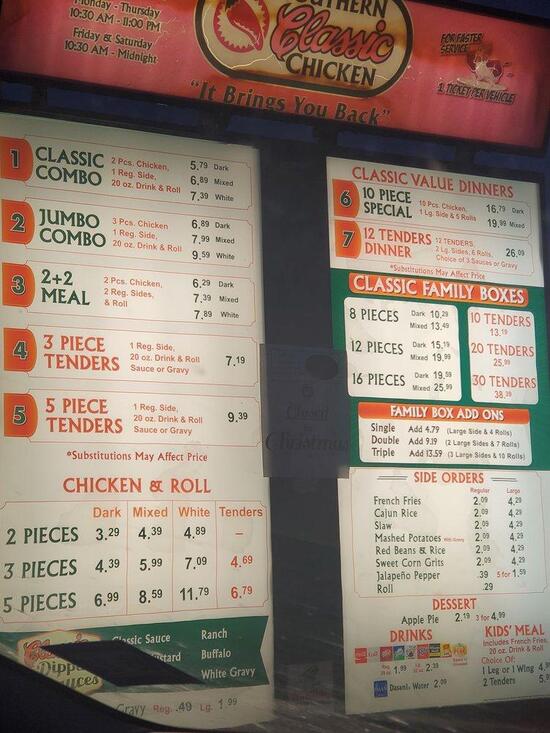 Menu at Southern Classic Chicken restaurant, Shreveport, Hollywood Ave