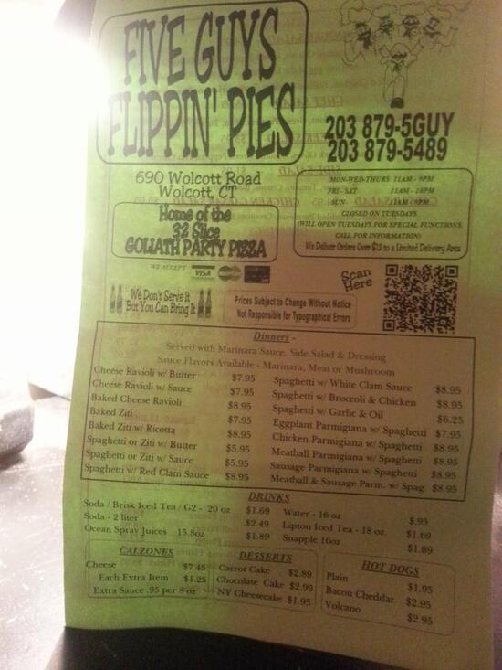 Menu at Five Guys Flippin Pies pizzeria, Wolcott, 690 Wolcott Rd Ste 1
