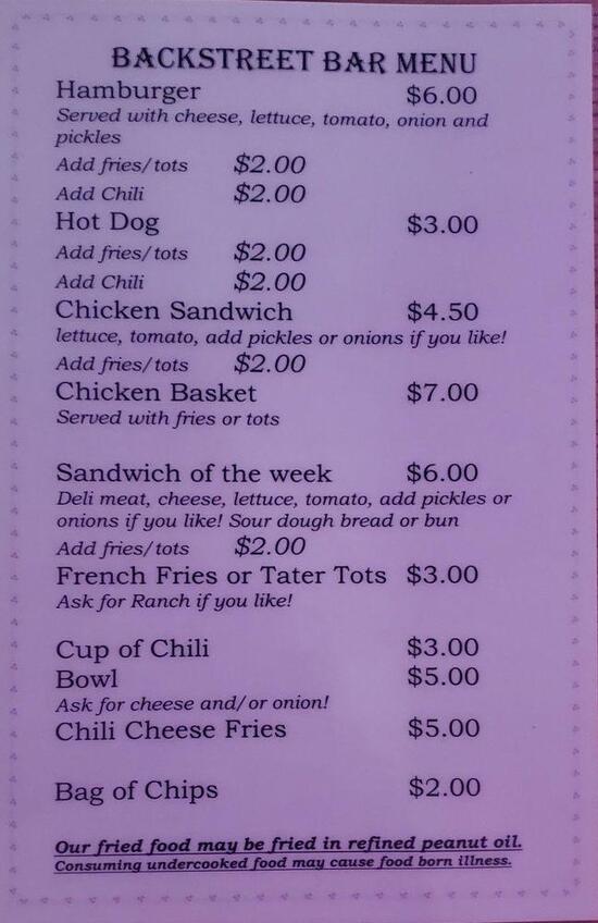 Menu at Backstreet Bar Italian Kitchen Brookings, OR, Brookings