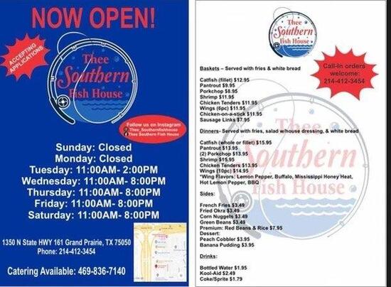 Menu at Thee Southern Fish House restaurant, Grand Prairie