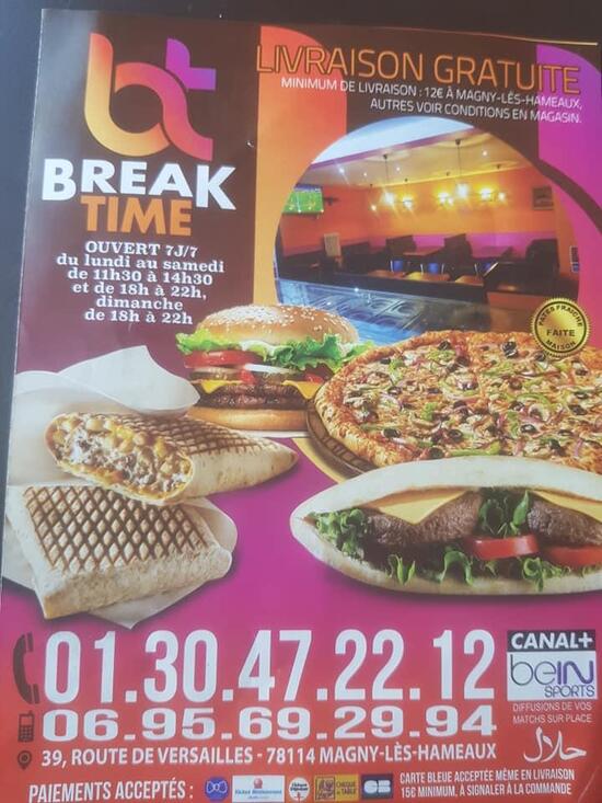 Menu au BREAK TIME restaurant, Magny-les-Hameaux