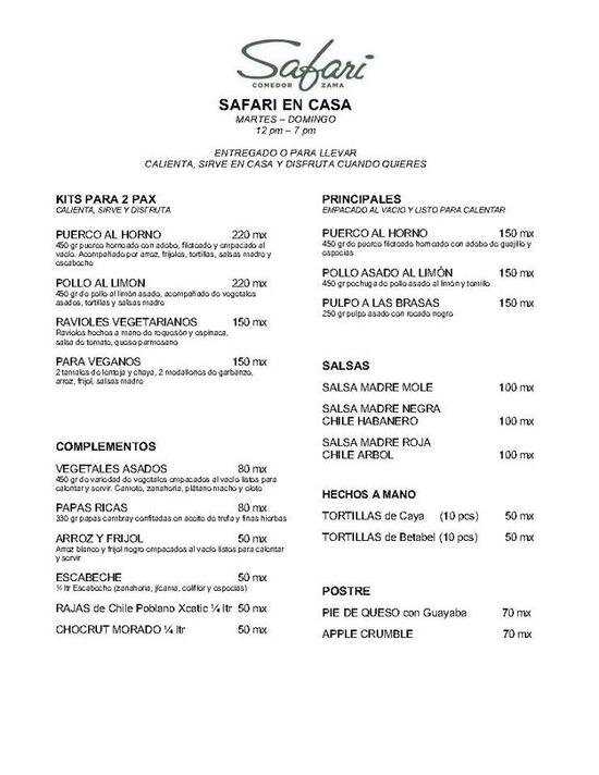 Menu at Safari Comedor Zama restaurant, Tulum