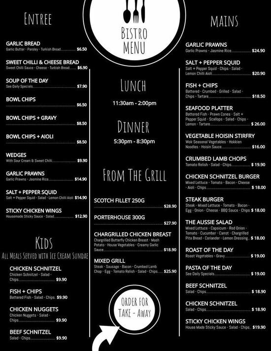 Menu at South Aussie Hotel restaurant, Mount Gambier