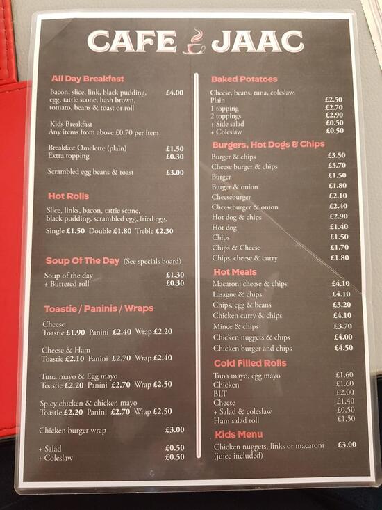 Menu at Cafe Jaac, Drongan