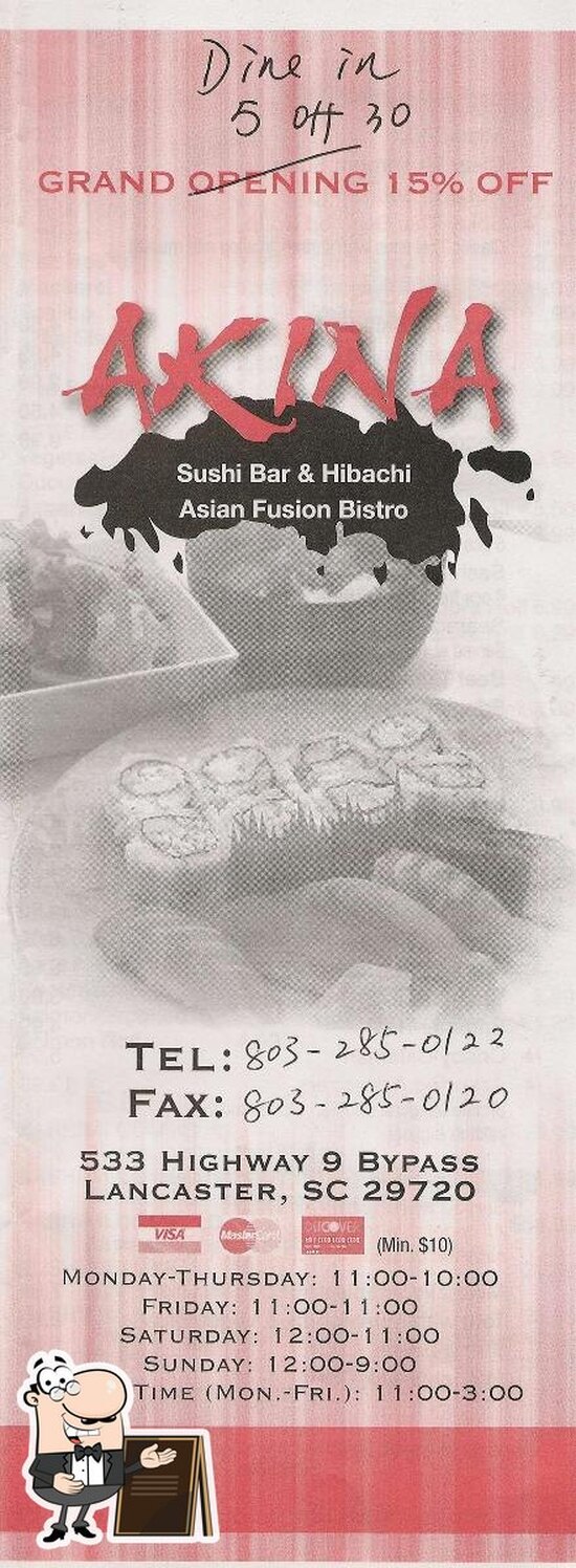 Menu at Akina restaurant, Lancaster