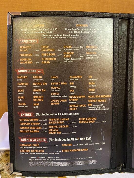 Menu at JJ's Sushi restaurant, Sparks
