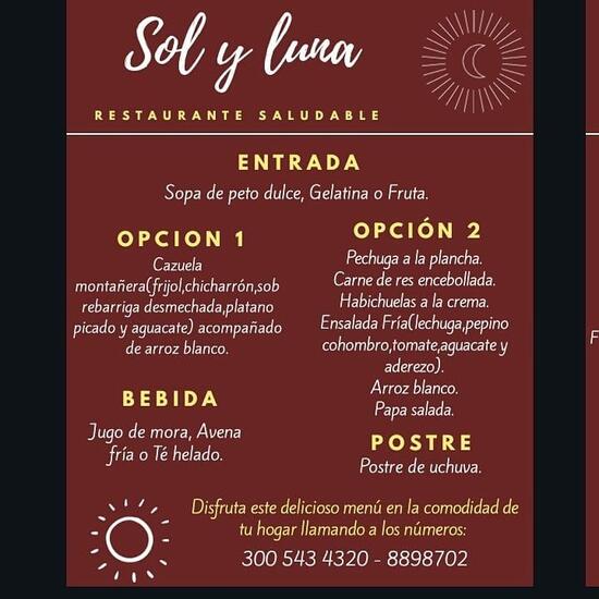 Carta de Sol y Luna Restaurante Saludable, El Tejar