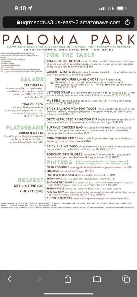 Menu at Paloma Park pub & bar, Athens