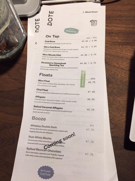 Menu at Dote Coffee Bar, Bellevue
