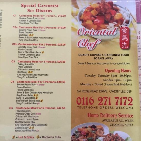 Menu at Oriental Chef restaurant, Leicester, 54 Rosemead Dr