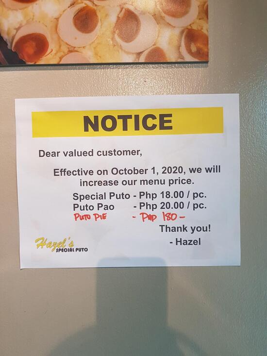 Carta de Hazel's Special Puto, Malabon
