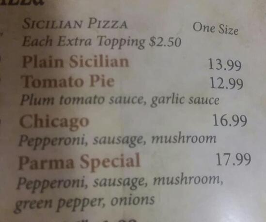 Menu at Parma Pizza pizzeria, Clayton