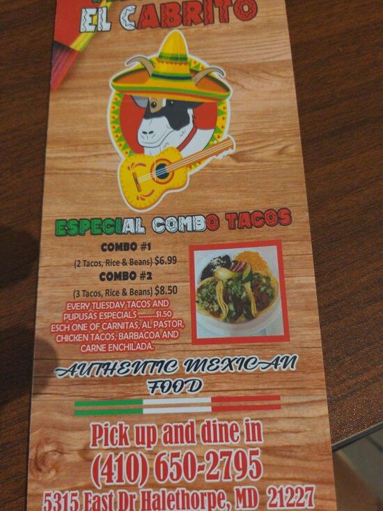 Menu at Taqueria el Cabrito restaurant, Arbutus