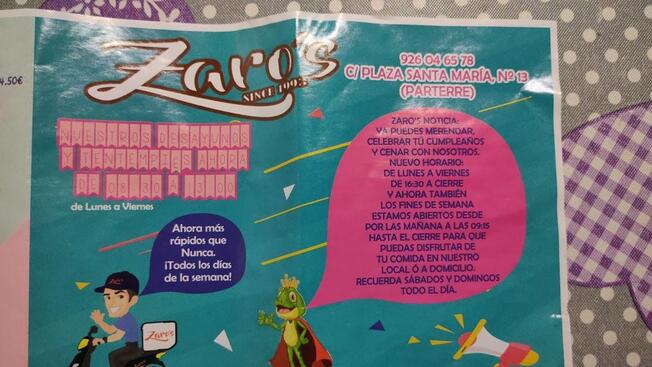 Menu at Zaro's restaurant, Daimiel