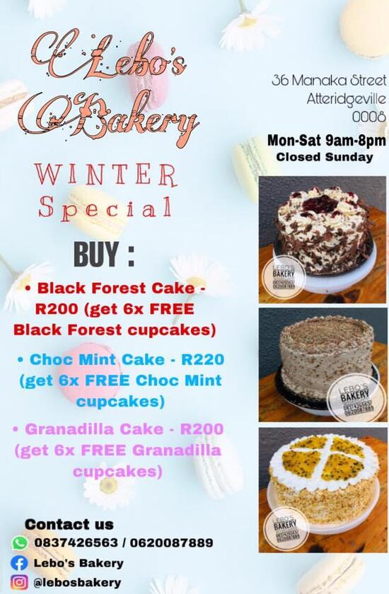 Menu at Lebo's Bakery, Pretoria