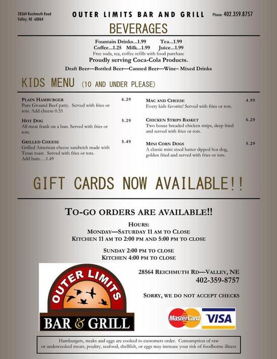 Menu at Outer Limits pub & bar, Valley