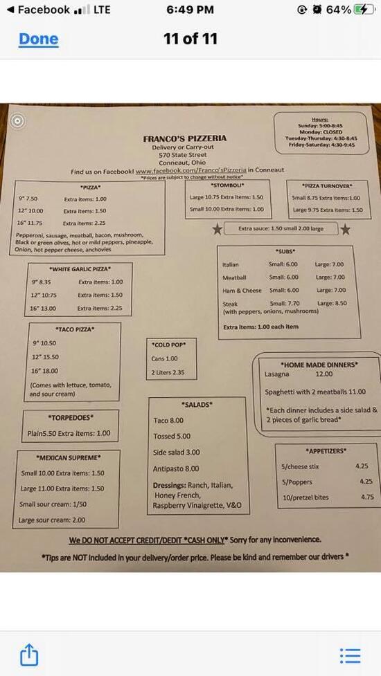Menu at Franco's Pizzeria, Conneaut, 570 State St