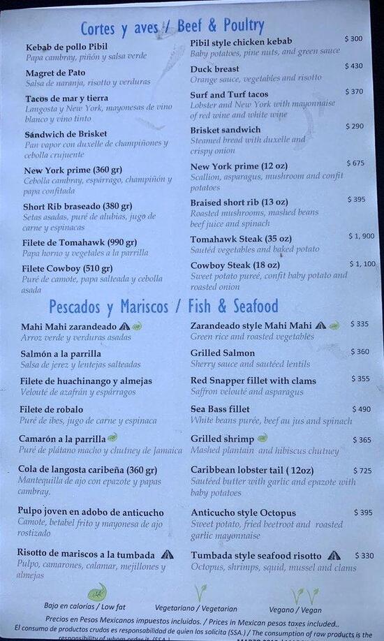 Menu at Faro Blanco restaurant, San Miguel de Cozumel, Carrretera ...