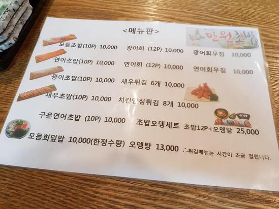Menu at Happiness ten thousand won Sushi restaurant, Gwangju-si