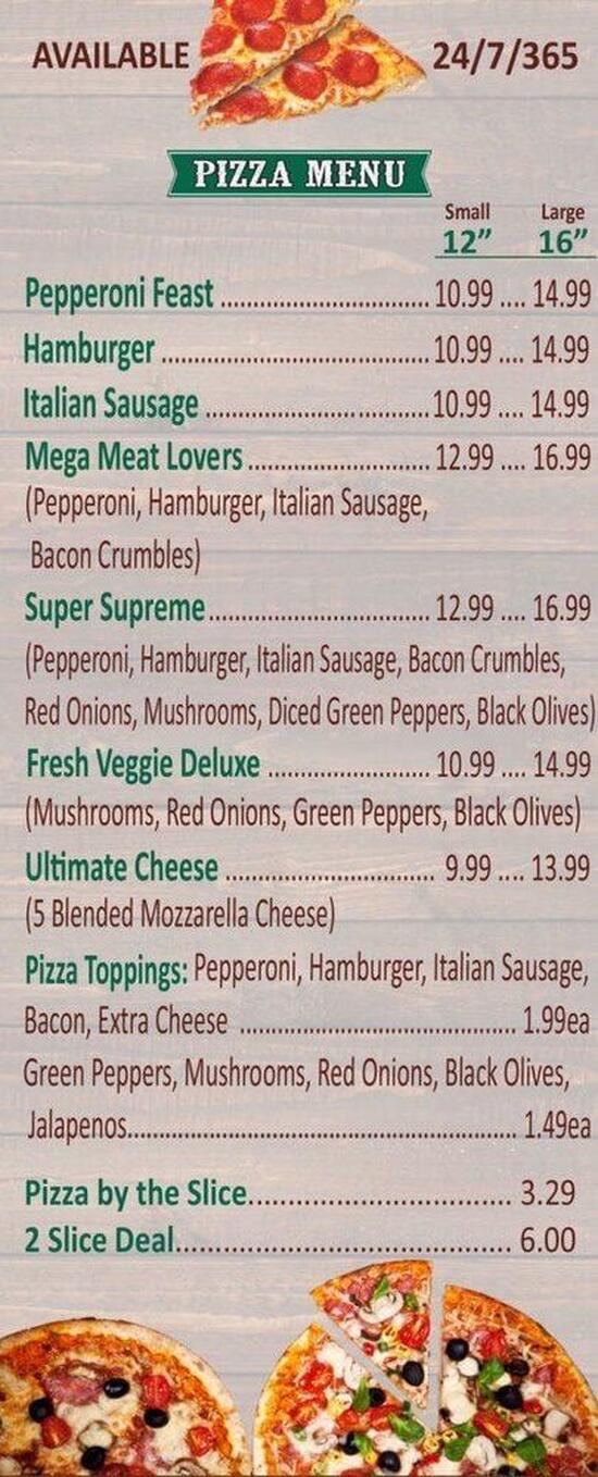 Menu at The Texan pizzeria, Goliad