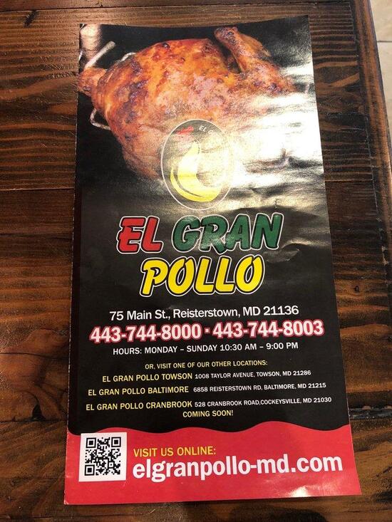 Menu at El Gran Pollo restaurant, Reisterstown
