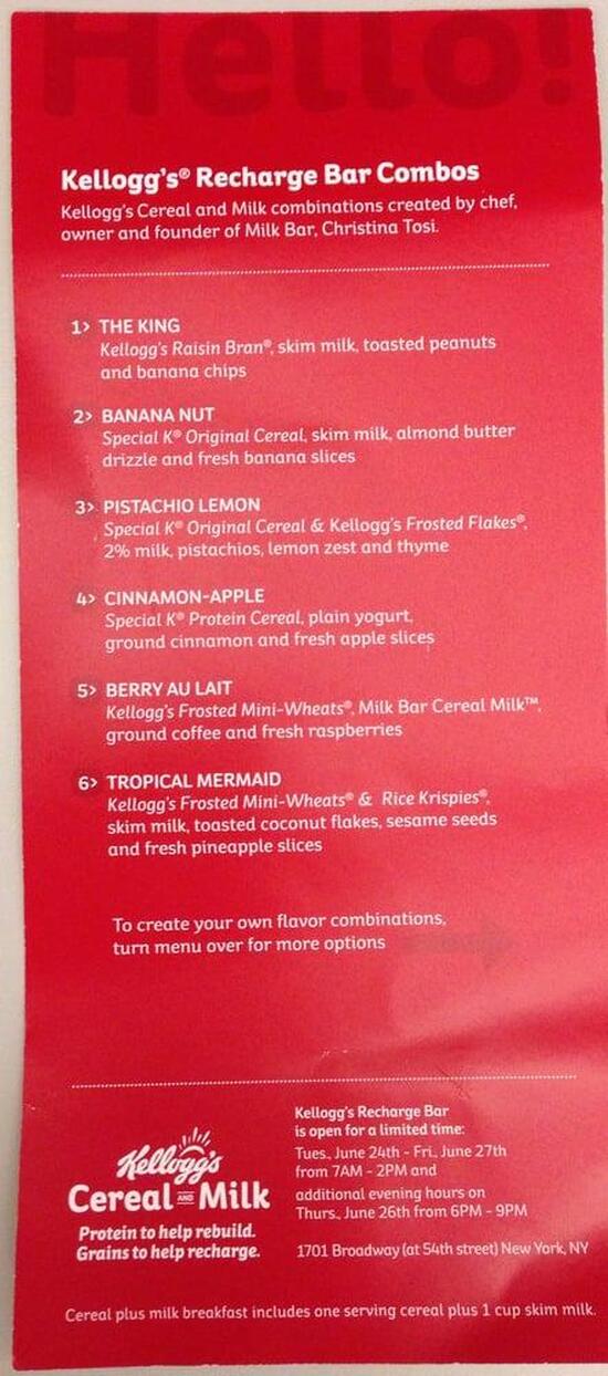 Menu at Kellogg's Recharge Bar, West New York
