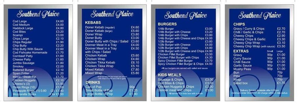 Menu at Southend Plaice Fish & Chips fast food, Gateshead