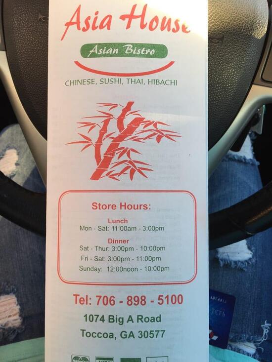 Menu at Asia House restaurant, Toccoa