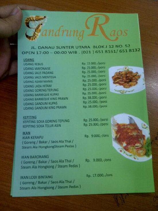 Menu at Gandrung Raos restaurant, North Jakarta