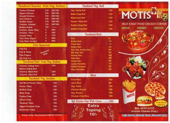 Menu at Motis heat 8 fast food chicken corner Nurmahal, Nurmahal