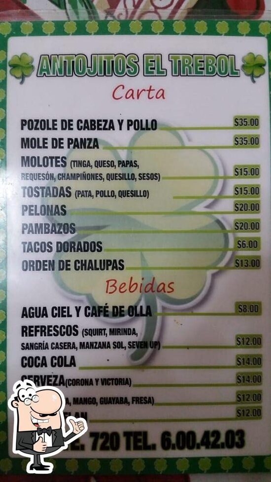 Menu at Antojitos el Trebol cafeteria, Cholula