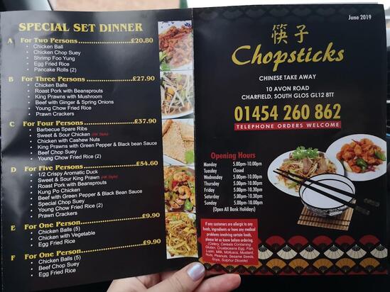 Menu at Chopsticks Chinese Takeaway restaurant, Charfield