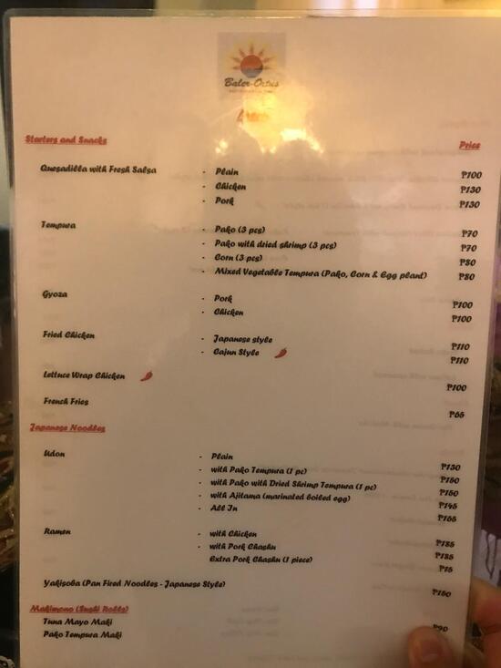 Menu at Baler-Ortus Japanese Restaurant, Baler