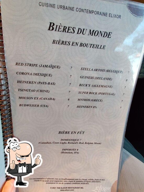 Menu au Elixor restaurant, Laval, Avenue Pierre-Péladeau