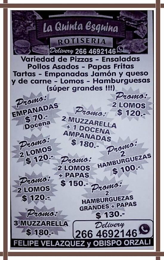 Menu at La Quinta esquina restaurant, San Luis