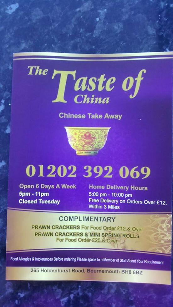 Menu at The Taste of China, Bournemouth