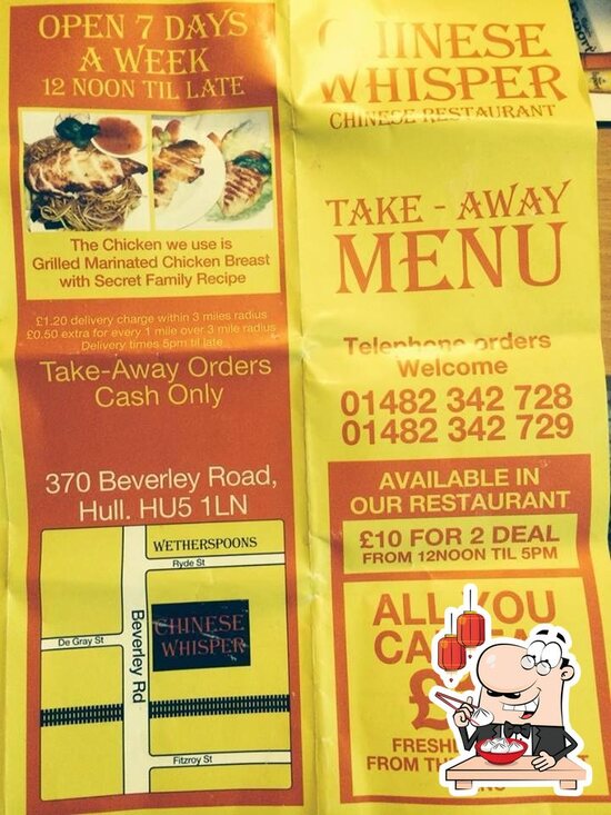 Menu at Chinese Whisper restaurant, Hull